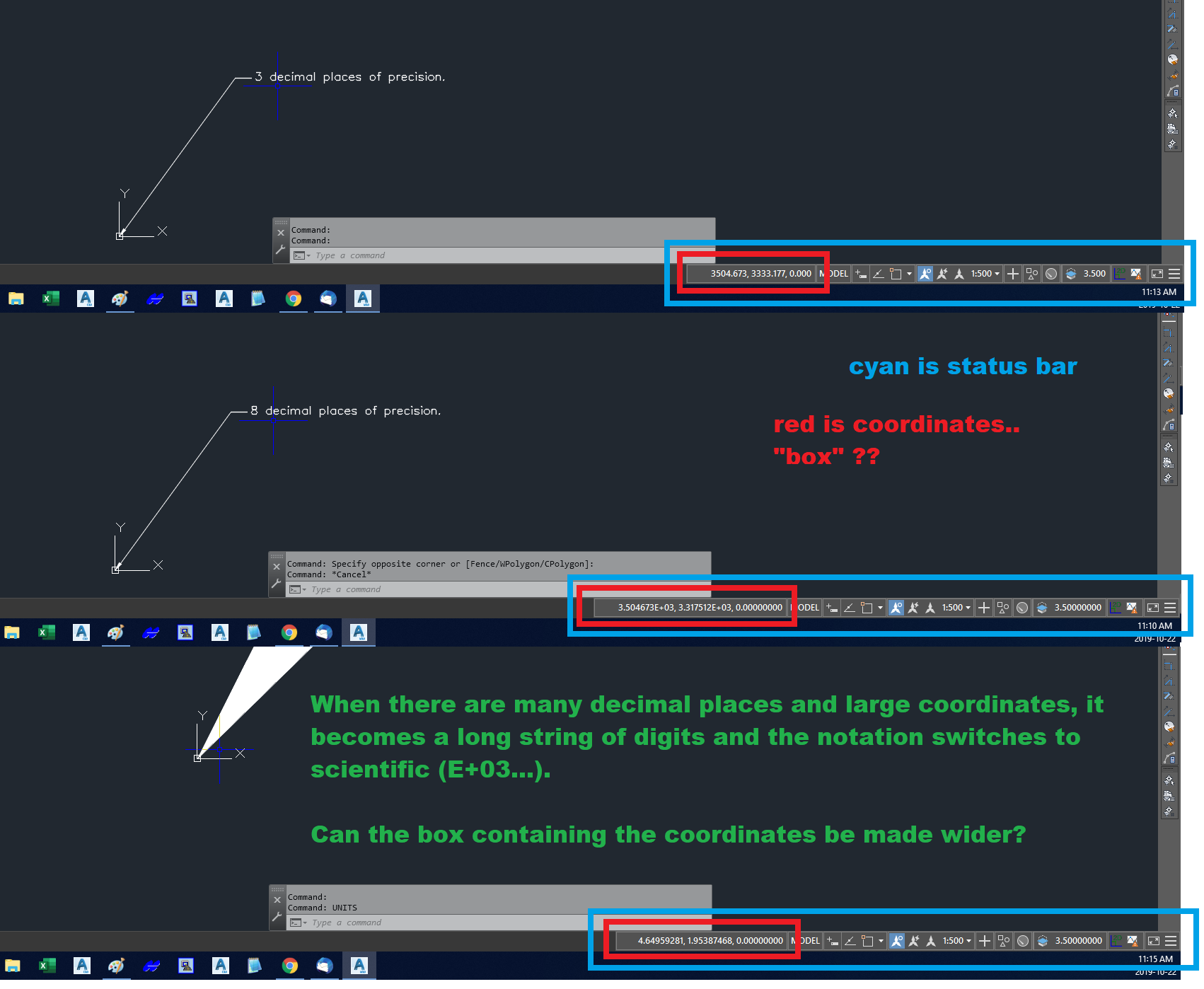 Widen status bar/coordinates box - Autodesk Community
