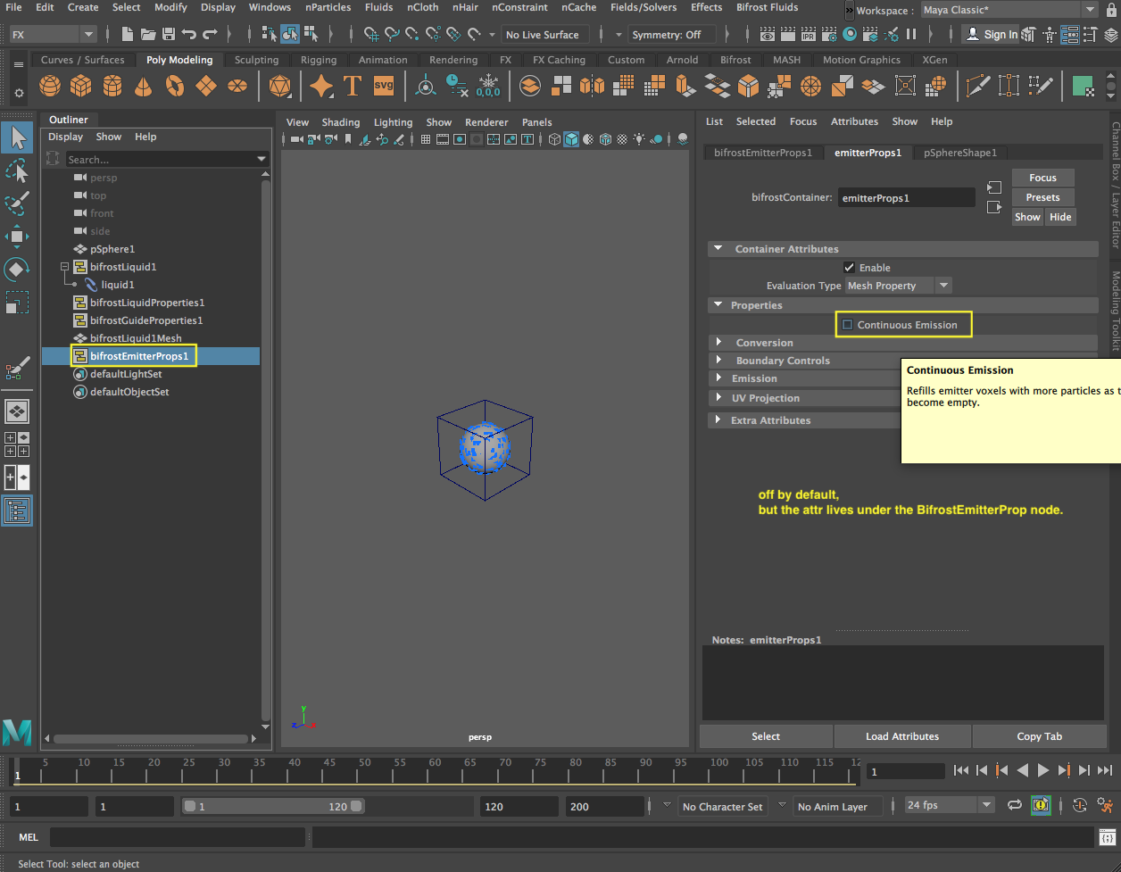 Bifrost Liquid Continuous Emission Settings - Autodesk Community