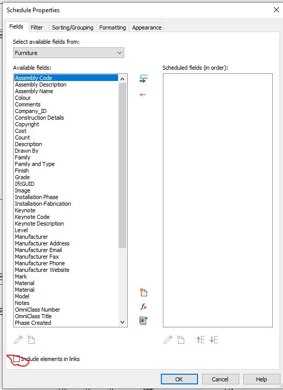 Embedded furniture schedule from a linked file to room schedule. - Autodesk Community