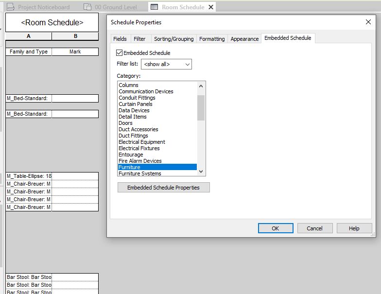 Embedded furniture schedule from a linked file to room schedule. - Autodesk Community