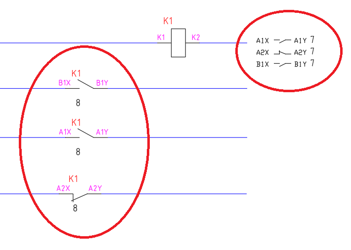 Contacts on the diagram and cross- references are displayed differently ...