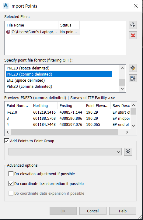 Cant import PENZD points from a CSV file - Autodesk Community