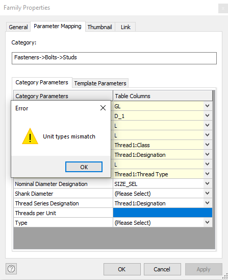 Content Center Family - Parameter Mapping - Threads per Unit: Unit types mismatch - Autodesk ...