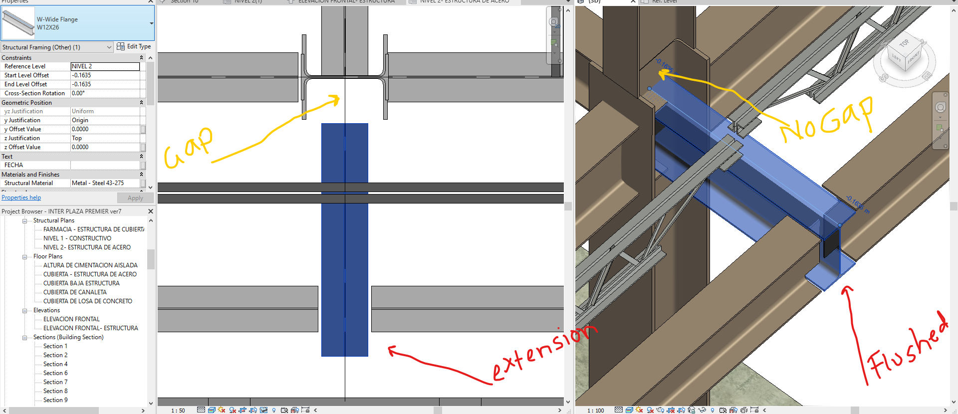 The length and position of the steel beam in plan views is not the same ...