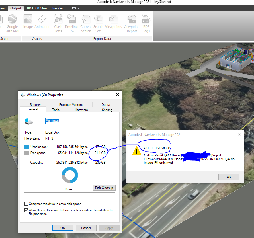 2018 Navisworks saving as nwd "out of disk space error" message - Autodesk Community