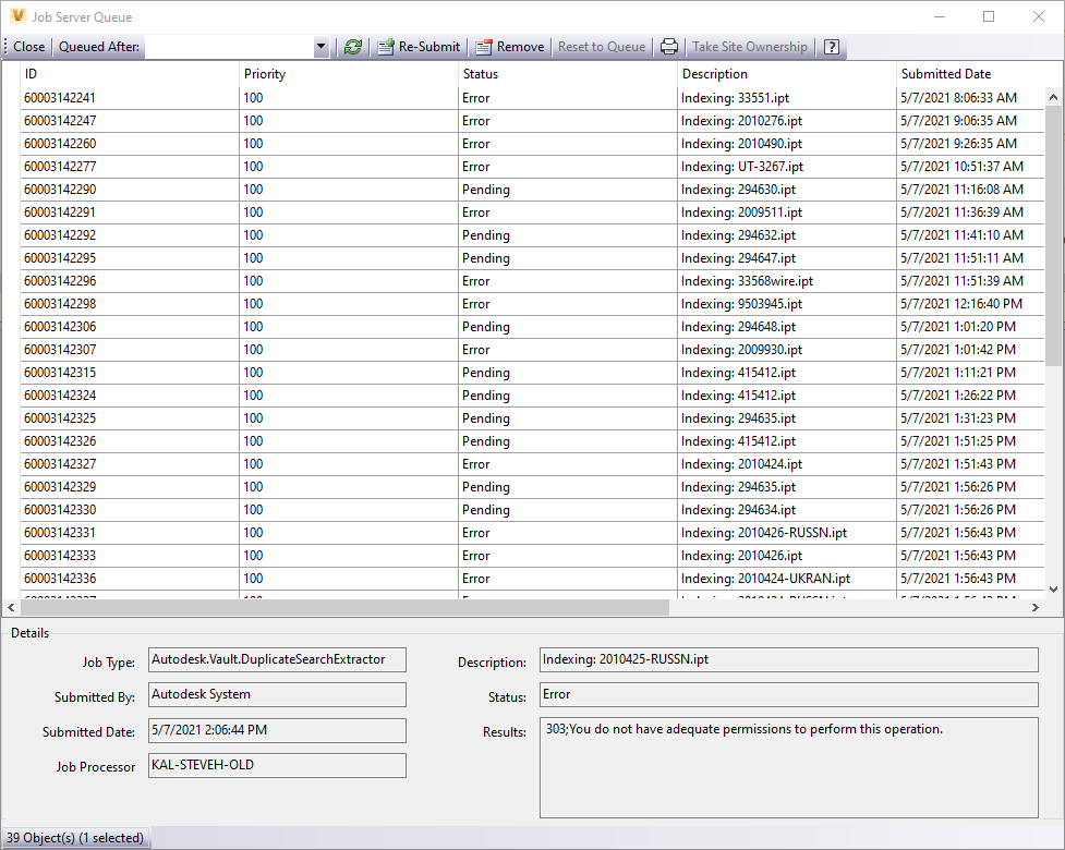 Solved: Autodesk.Vault.DuplicateSearchExtractor throwing 303 inadequate ...