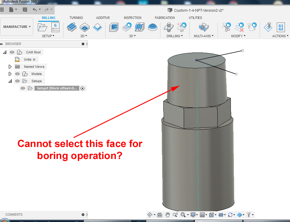 Solved: Cannot select face for boring operation? No idea why? - Autodesk Community