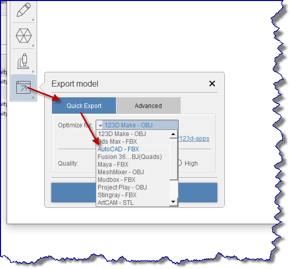 ReCap Photo shows "AutoCAD - FBX" as export option (Quick Export ...