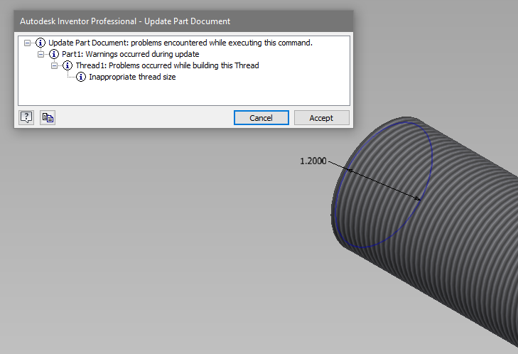 Solved: Inventor keeps saying "inappropriate thread size" on Male threads?? - Autodesk Community