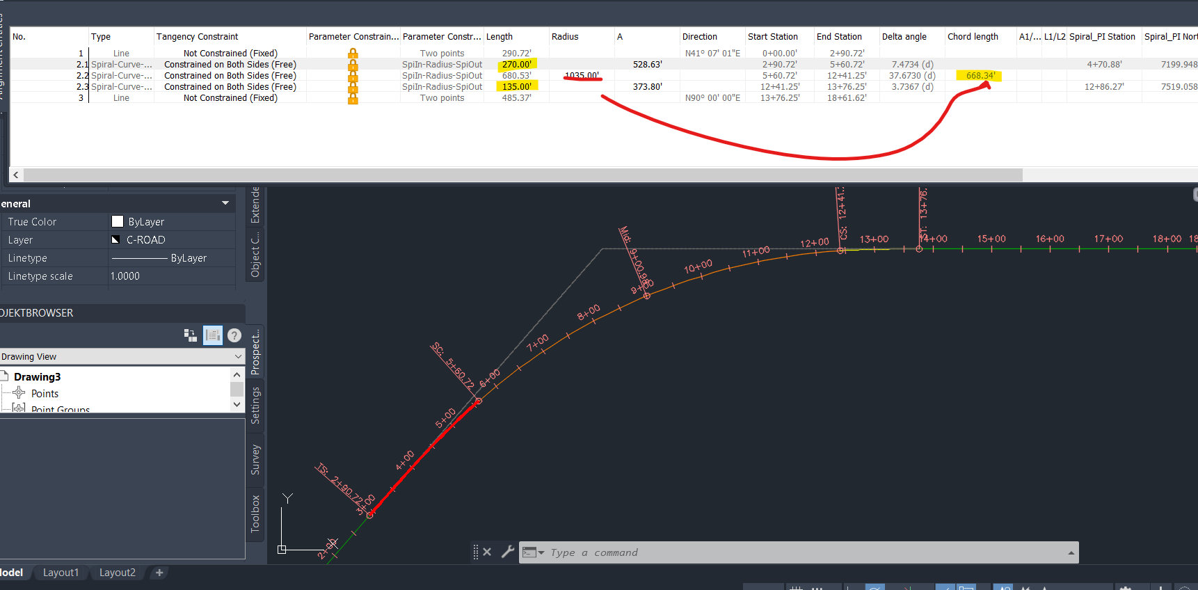 Controlling horizontal curve spiral length between curve and tangent - Autodesk Community