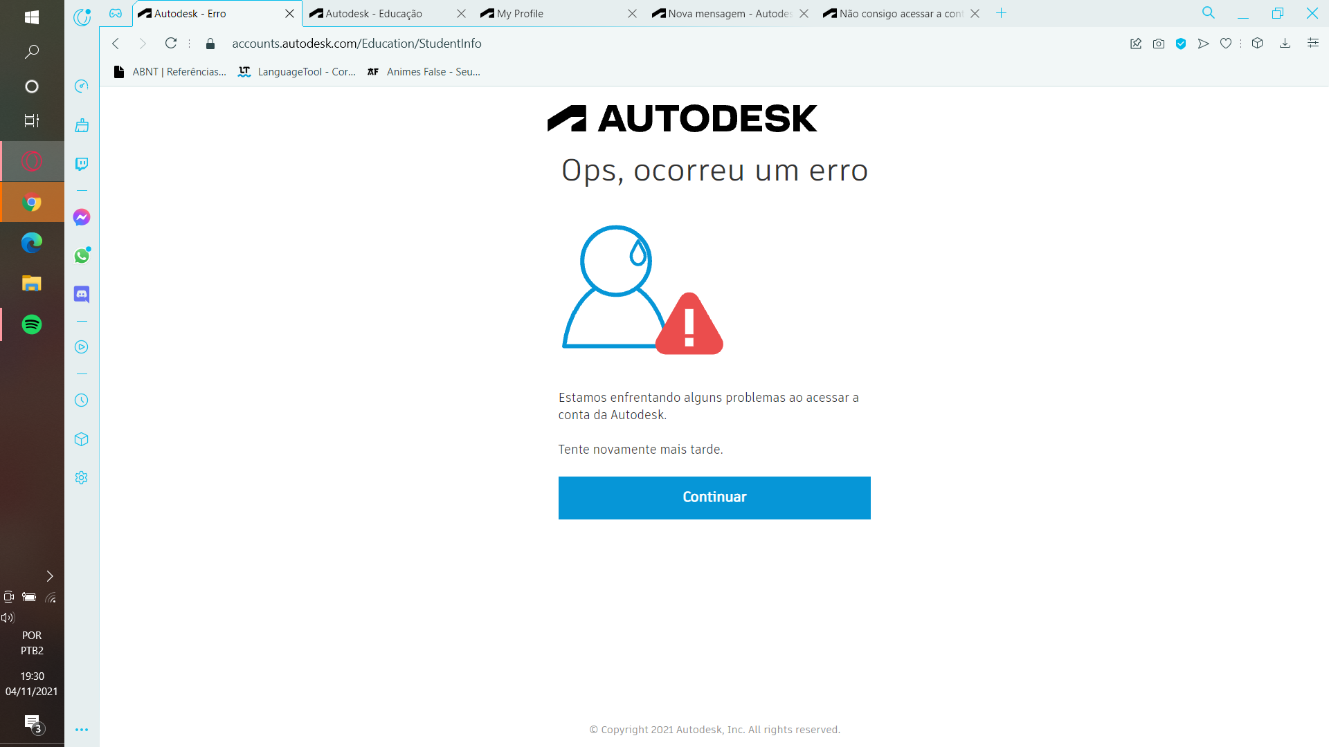 Mensagem ao acessar conta educacional Autodesk - Ops, ocorreu um erro ...