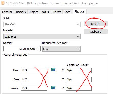 Solved: Unable to calculate/update physical properties (imported part from McMaster-Carr website ...